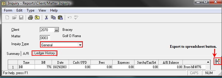 Client/Matter Inquiry report